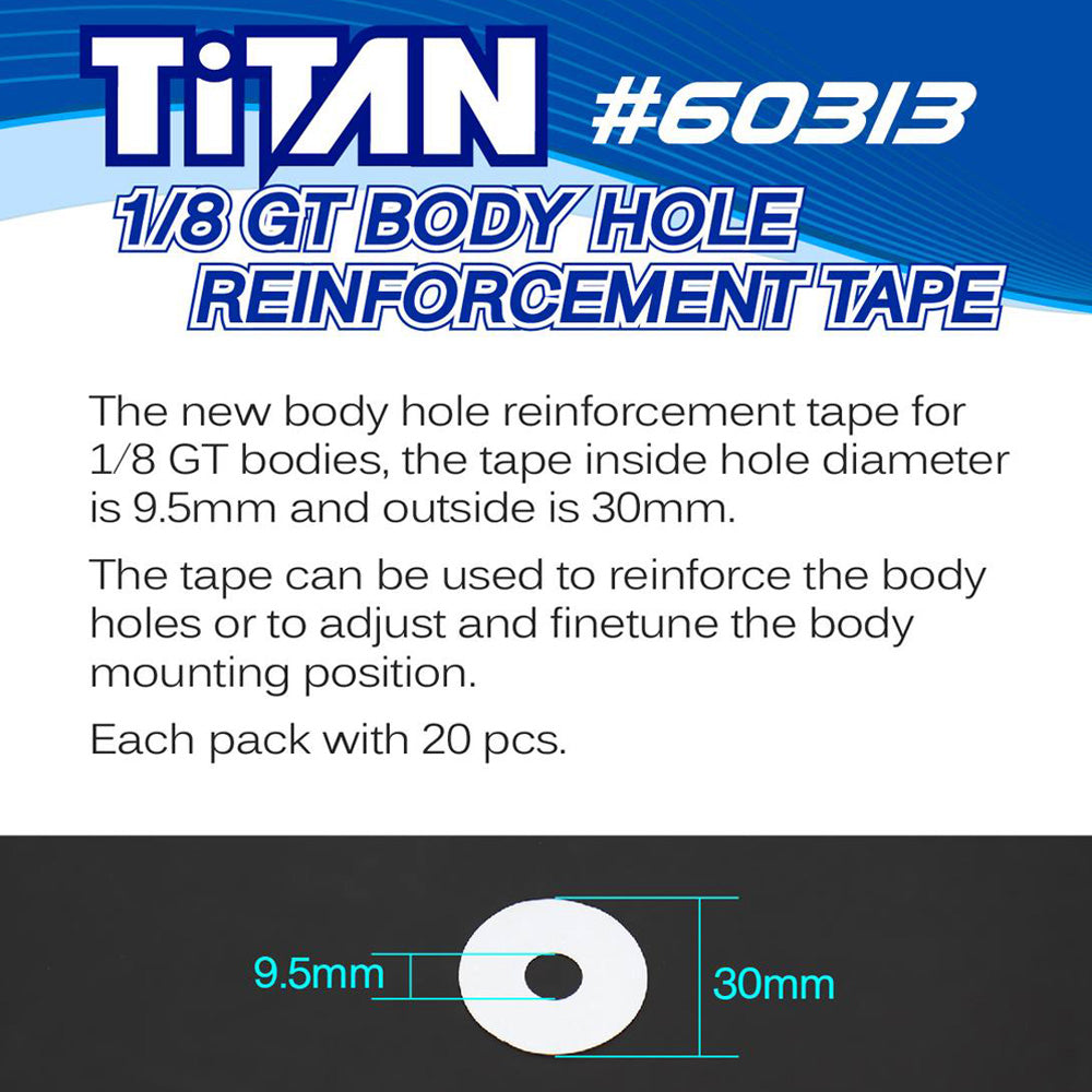 TiTAN 60313 1/8th GT Body Hole Reinforcement Tape (20) – Smokem